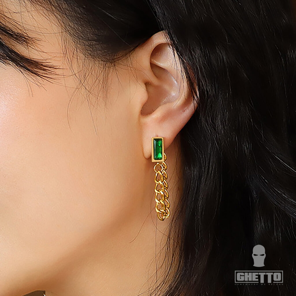 Ghetto 18K Gold Green Square Zircon Tassel Chain Earrings - GHETTO