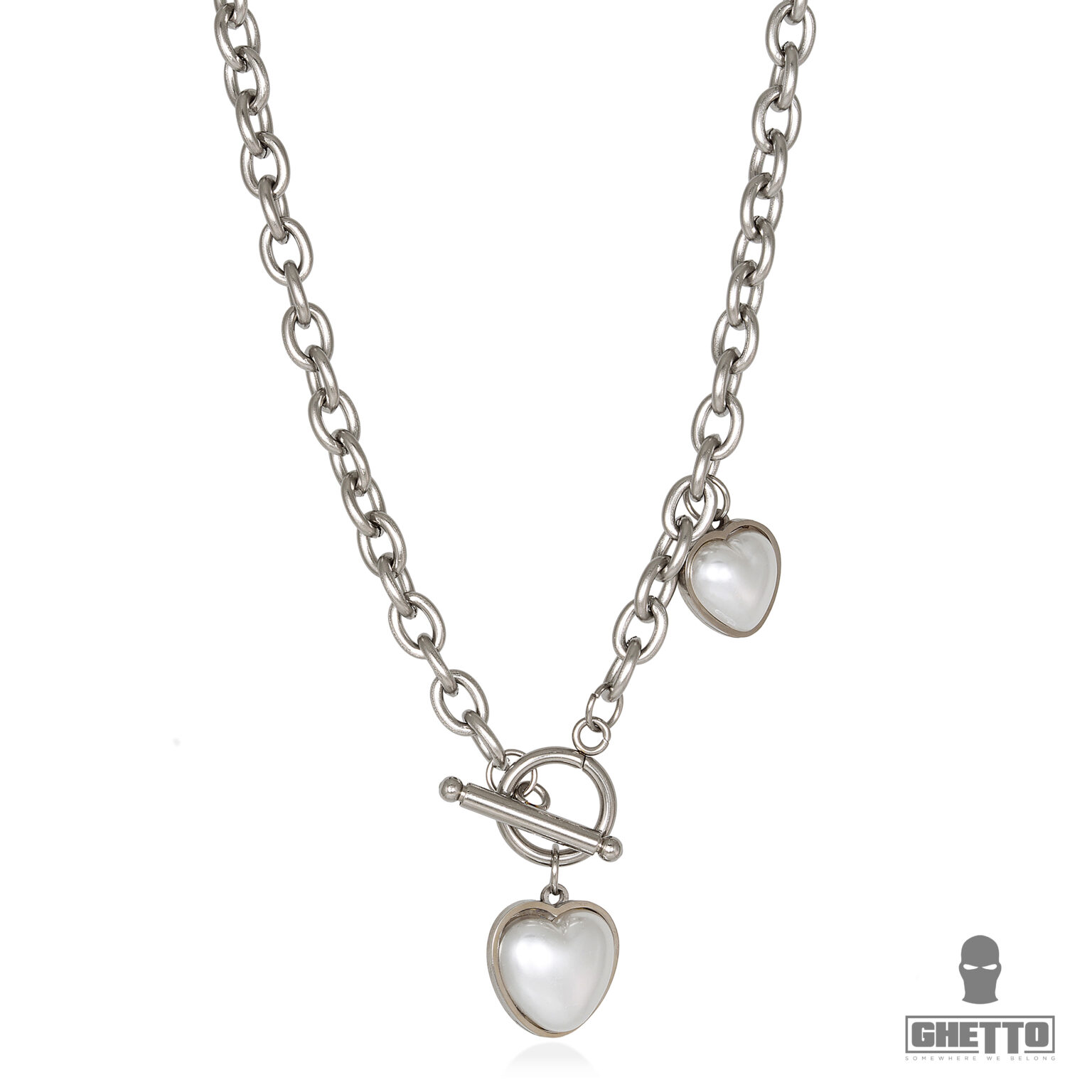 Ghetto Hearts Pearl Necklace Stainless Steel - GHETTO