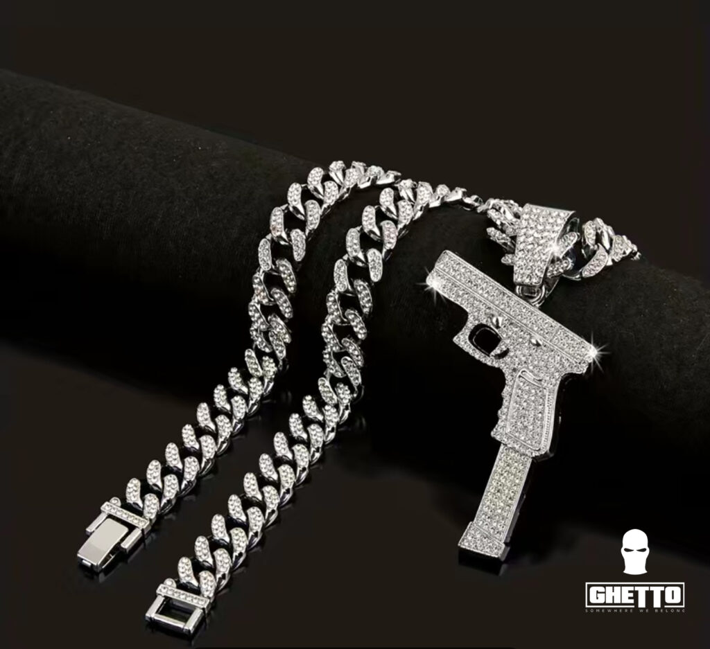 Ghetto Hip Hop Ice Out CZ Alloy Cuban Link Chain Gun Pendant - GHETTO