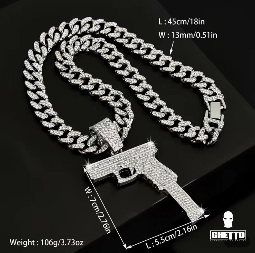 Ghetto Hip Hop Ice Out CZ Alloy Cuban Link Chain Gun Pendant - GHETTO