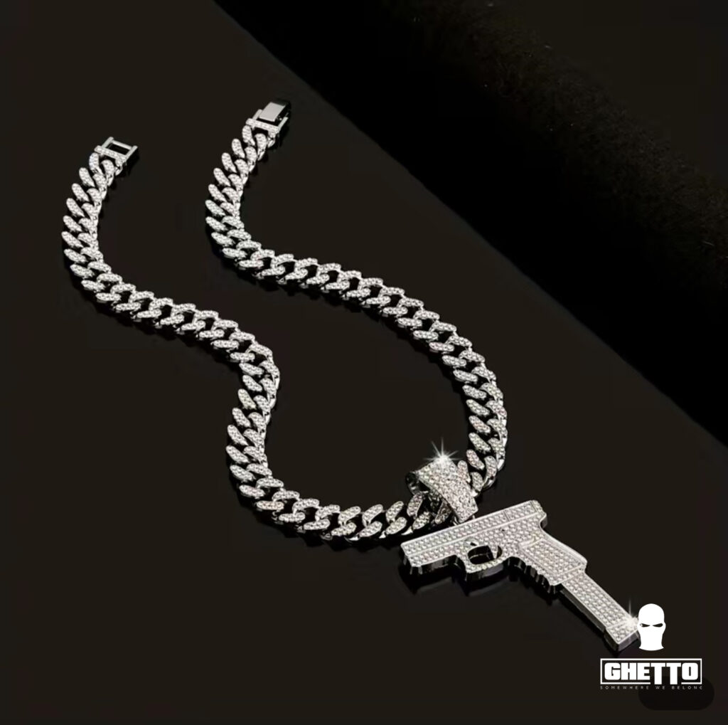 Ghetto Hip Hop Ice Out CZ Alloy Cuban Link Chain Gun Pendant - GHETTO